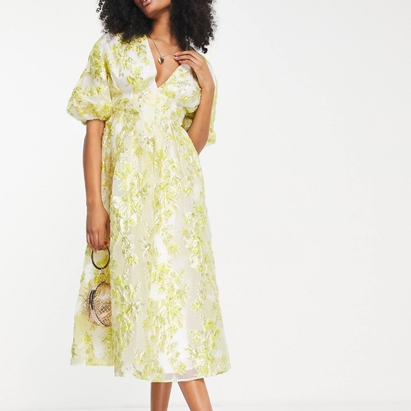 ASOS | Dresses | Asos Edition Yellow Jacquard Pleat Waist Midi Dress ...